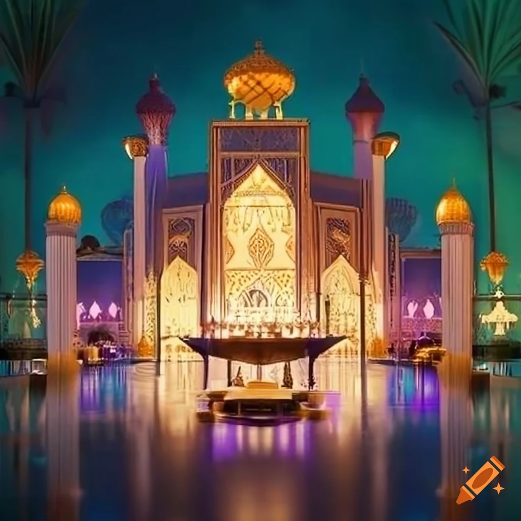 Ramadan pop up with a majlis, oasis, and stage in warm colors on Craiyon