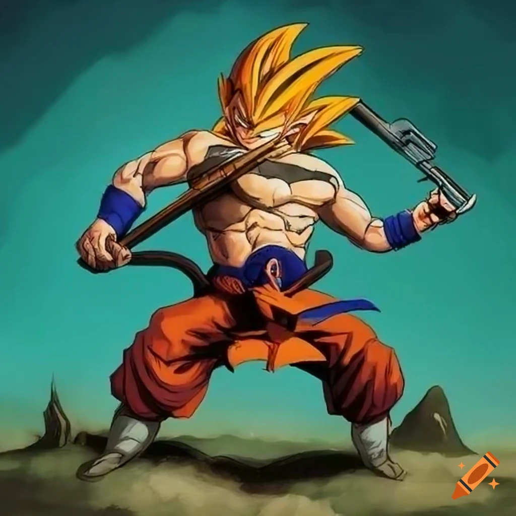 Dynamic illustration of Songoku from dragonball with a shotgun in Frank ...