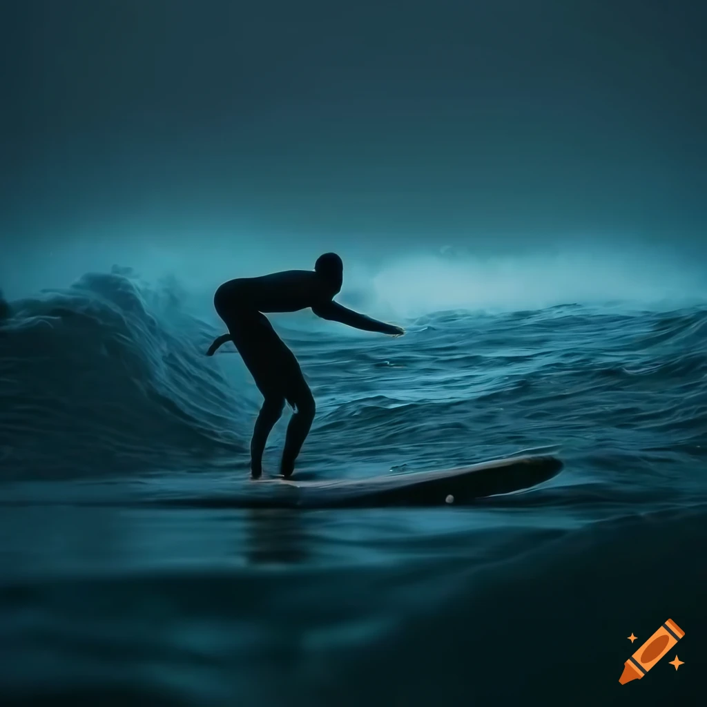 Surfers riding a wave at night under dramatic stormy backlight on Craiyon