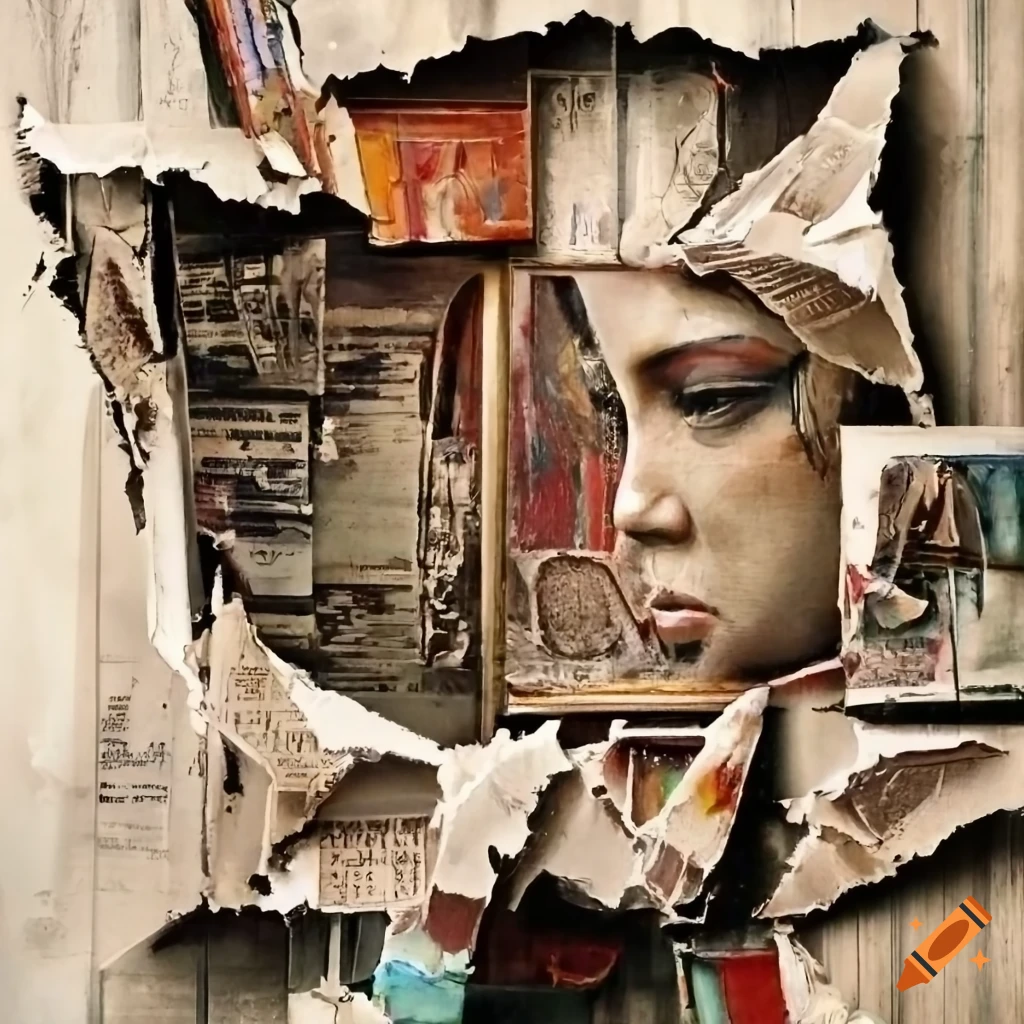 Artwork created with torn newspaper and magazine cutouts with oil ...