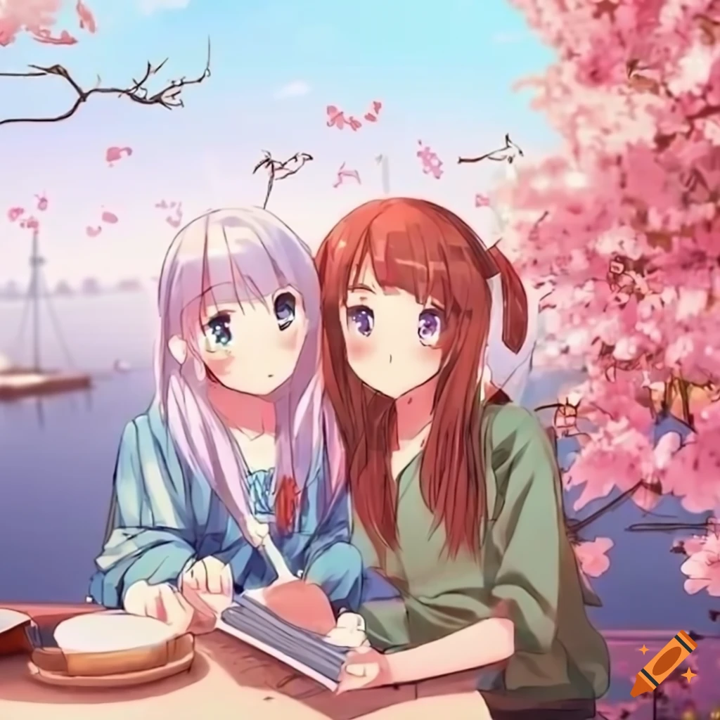 Group of anime girls studying under a blooming garden with harbor ...