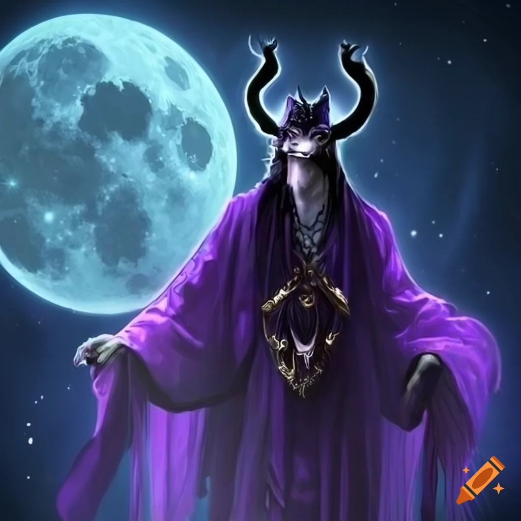 Moon god with purple robe, silver eyes, and black horns on Craiyon