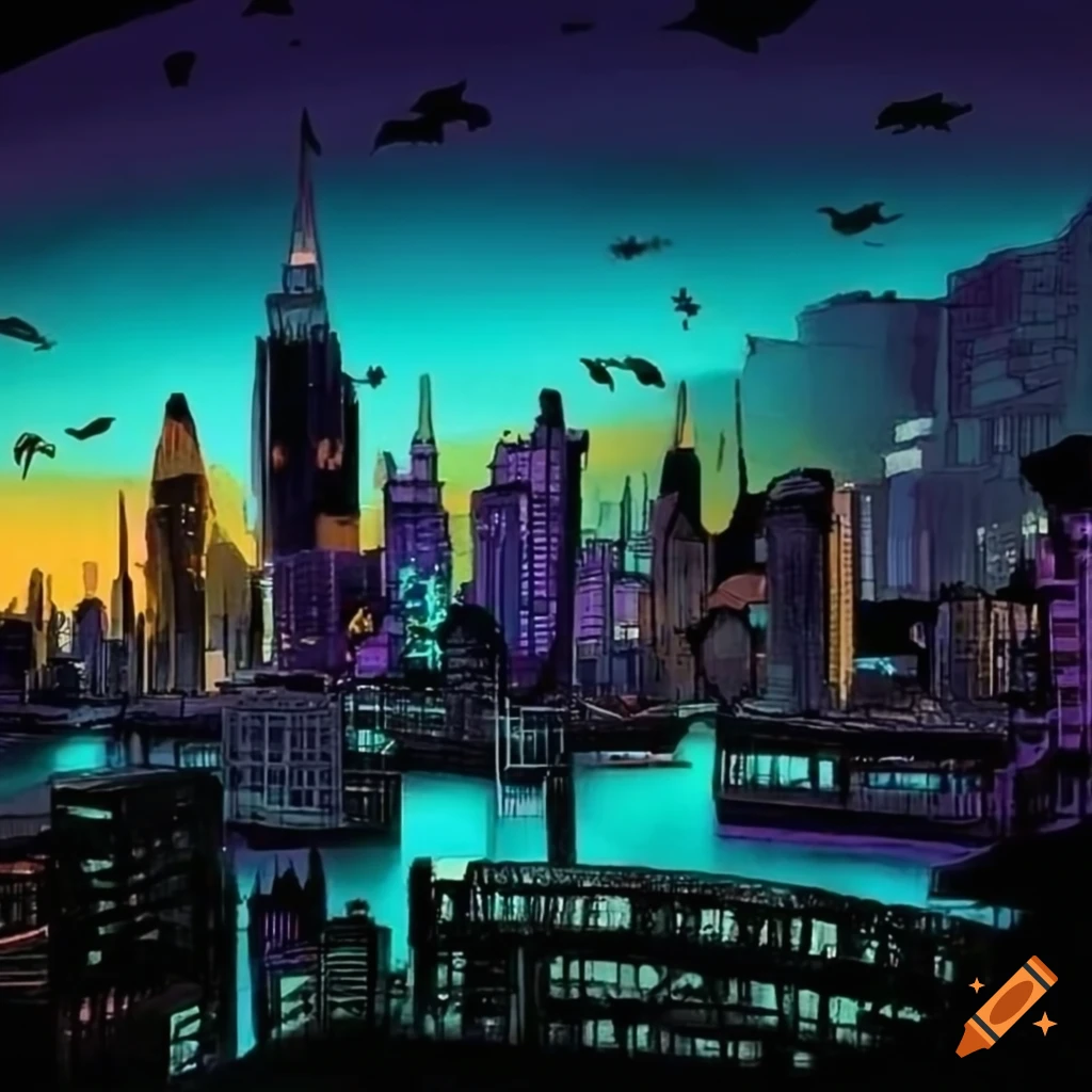 Cyberpunk-inspired metropolis overlooking a lake at night in bruce timm ...