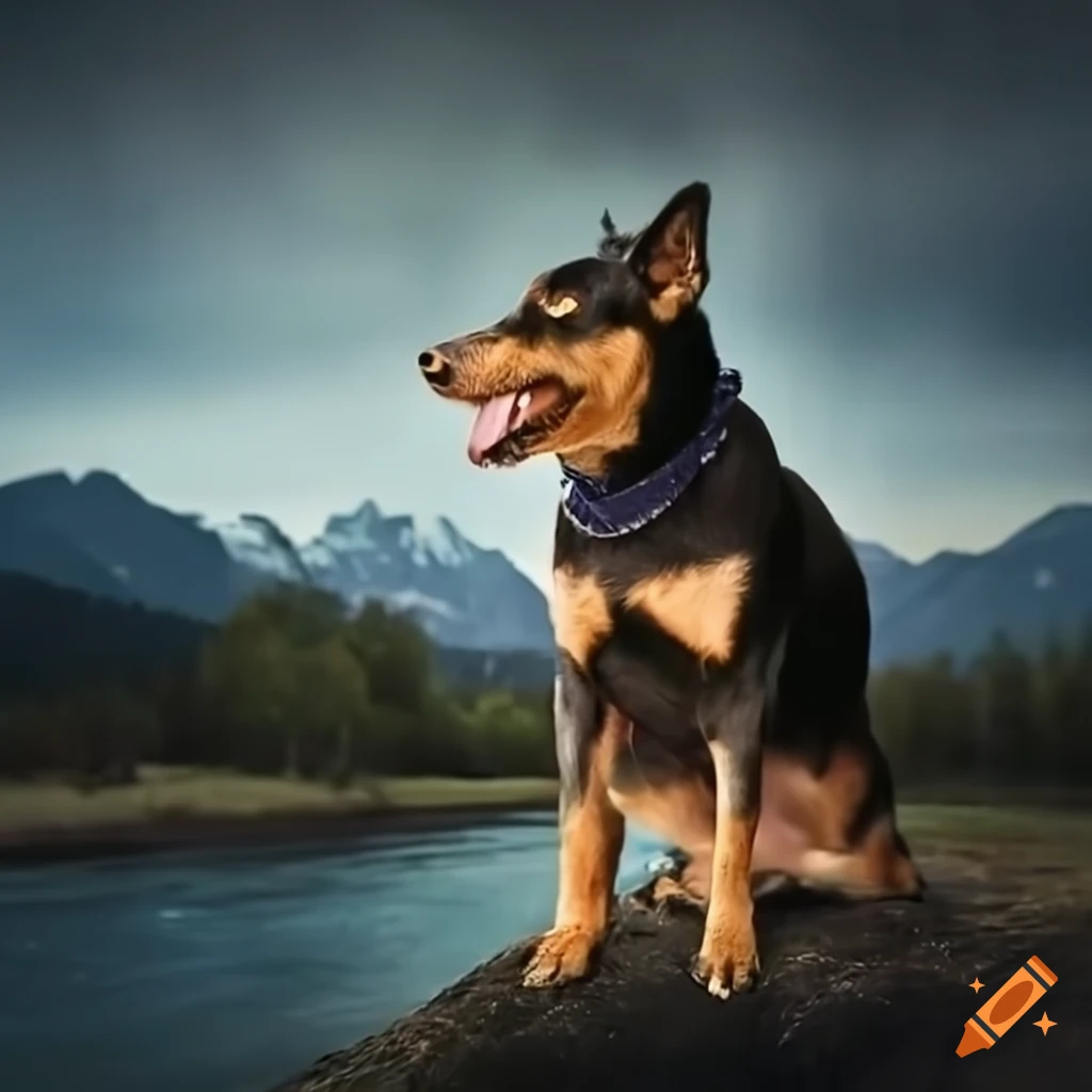 Smiling kelpie dog with mountains and a river in the background on Craiyon