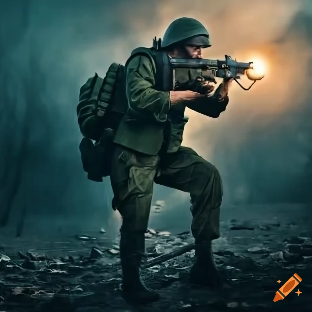 Brave soldier in iconic military uniform amidst battlefield chaos on ...