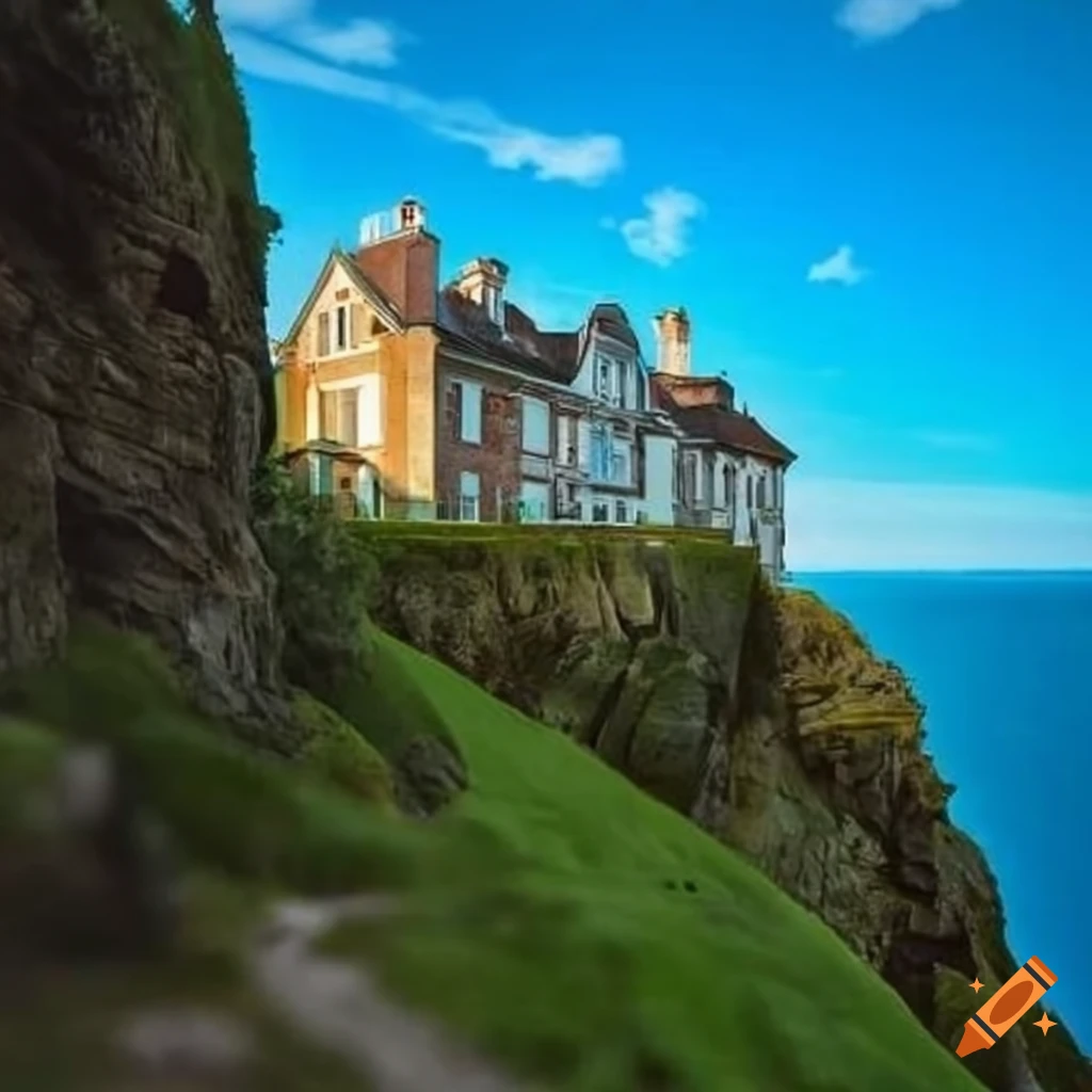 18th century mansion on a cliff by the sea with lighthouse tower on Craiyon