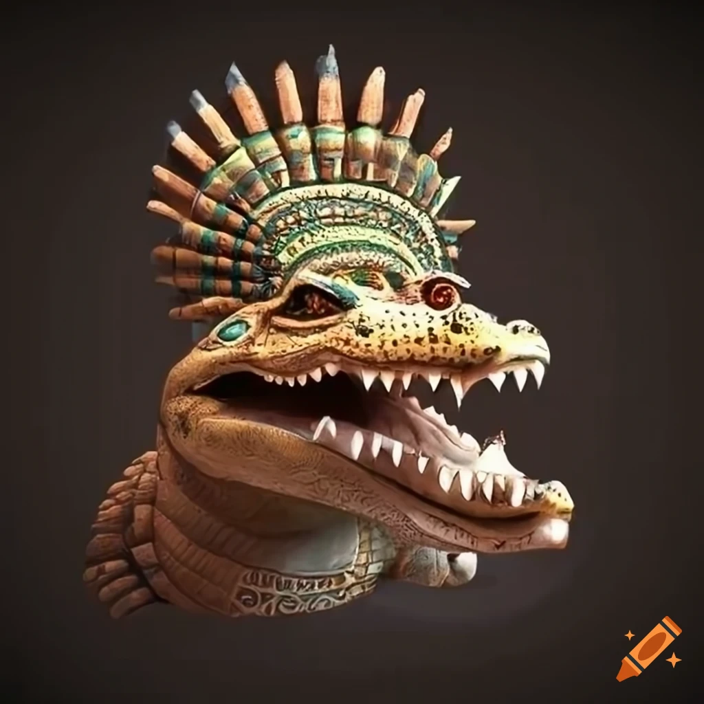 Ancient aztec art of a crocodile with intricate headdress on Craiyon