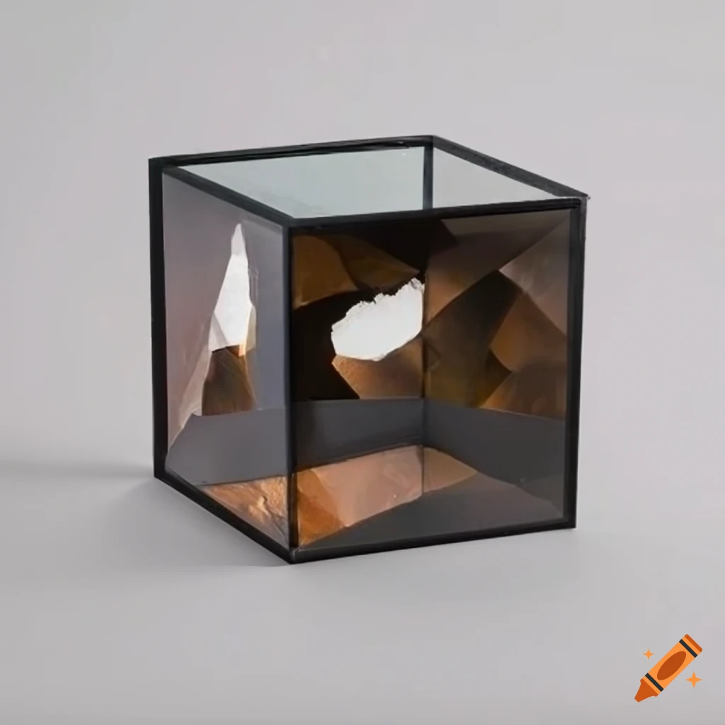 Cubic glass box with mountain and cave mineral structures on Craiyon