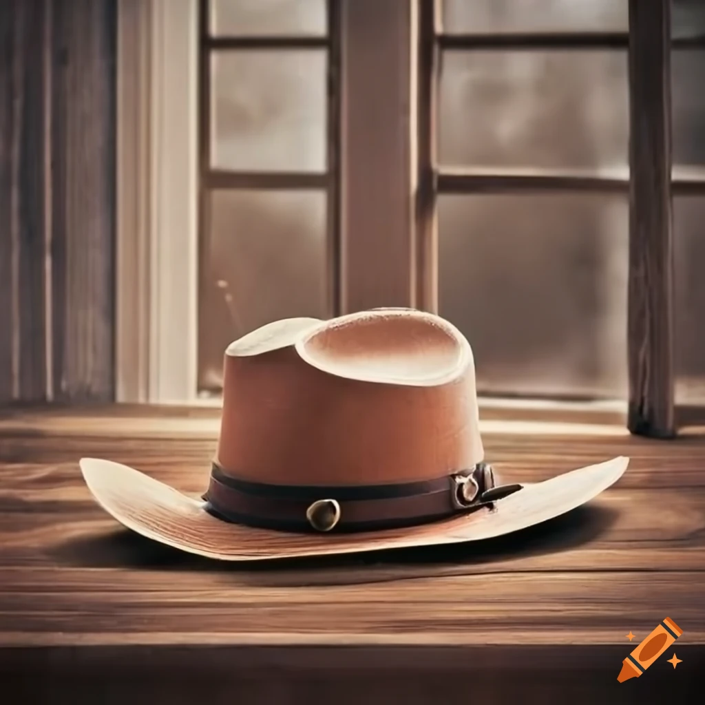 Cowboy hat on a wooden table with a window background on Craiyon