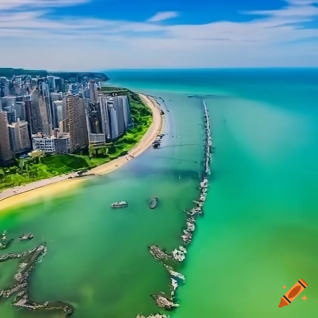 Stunning cityscape with green water beaches in high definition on Craiyon