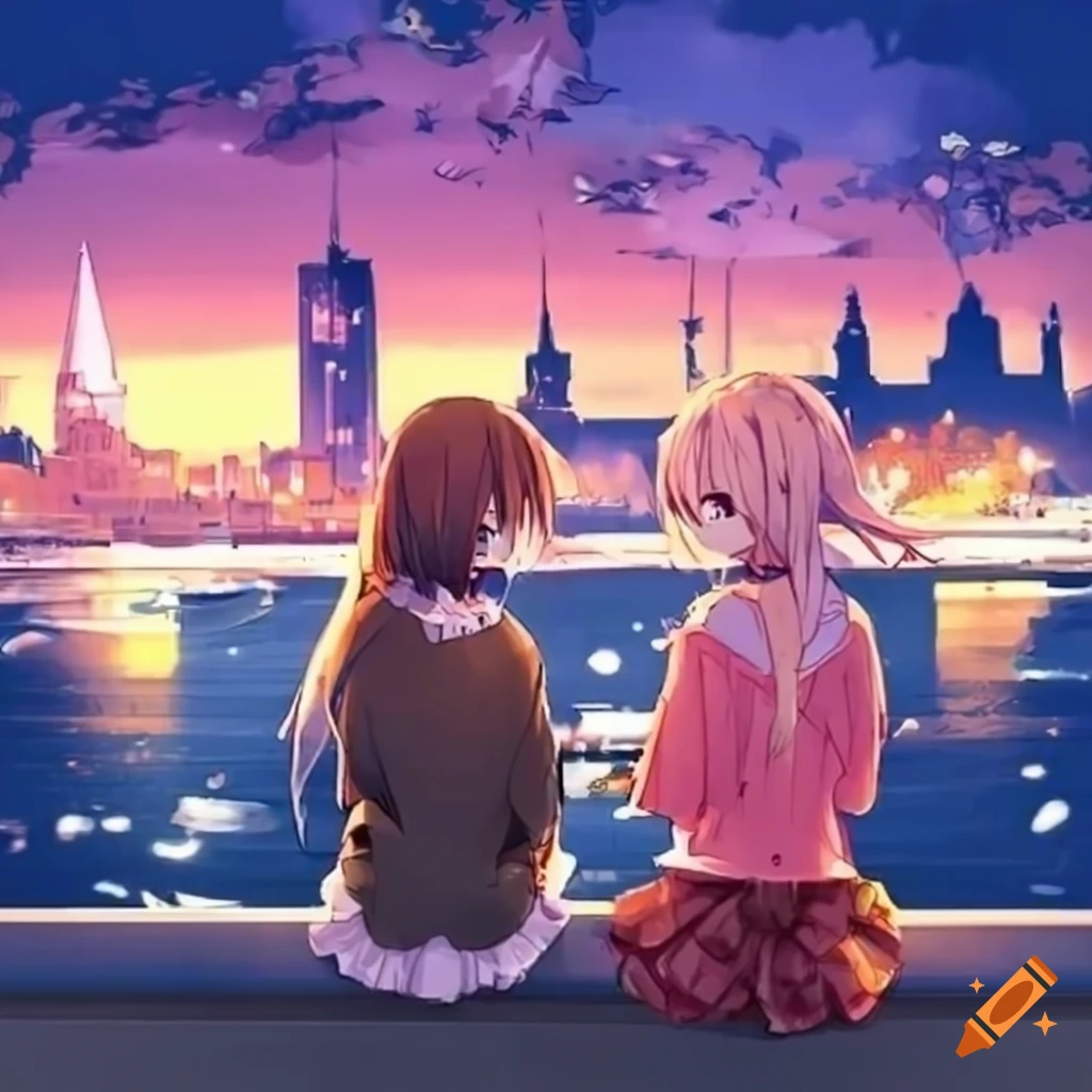 Group of anime girls studying under a blooming garden with harbor ...