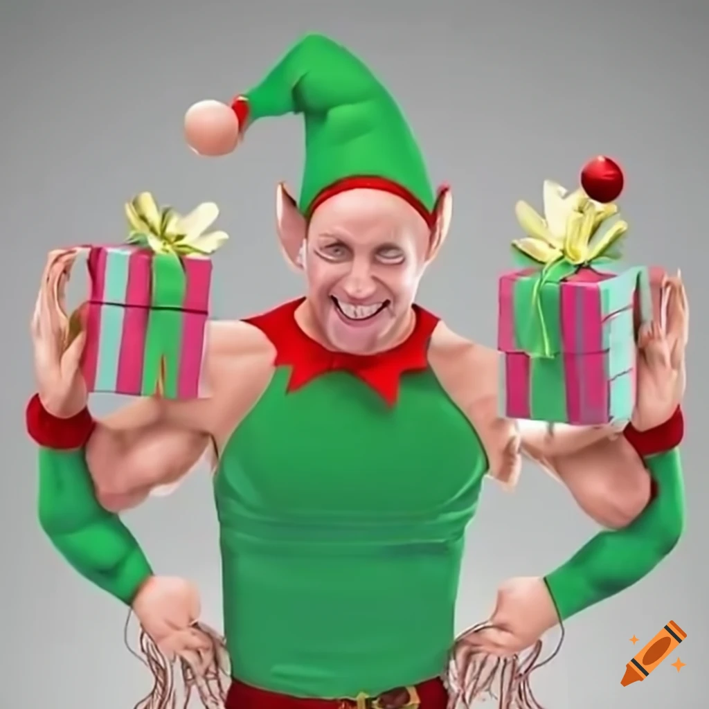 Elf bodybuilder holding christmas presents on Craiyon