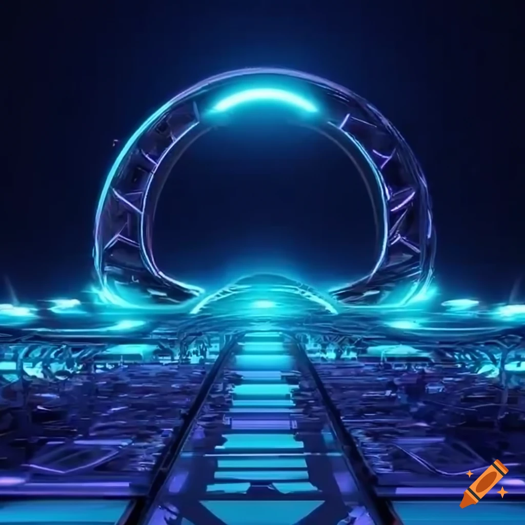 Futuristic abstract design of a glowing multidimensional bridge created with a graphic tablet on ...