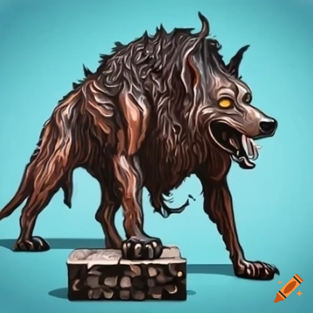 Bronze statue whacking a hellhound with a rolled-up newspaper on Craiyon