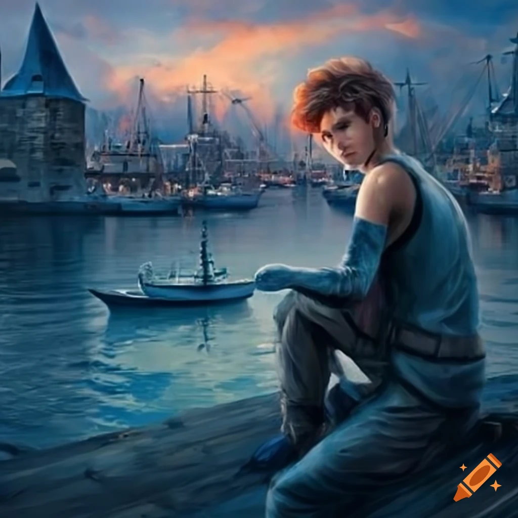 Young attractive male french sailor at a harbor on Craiyon