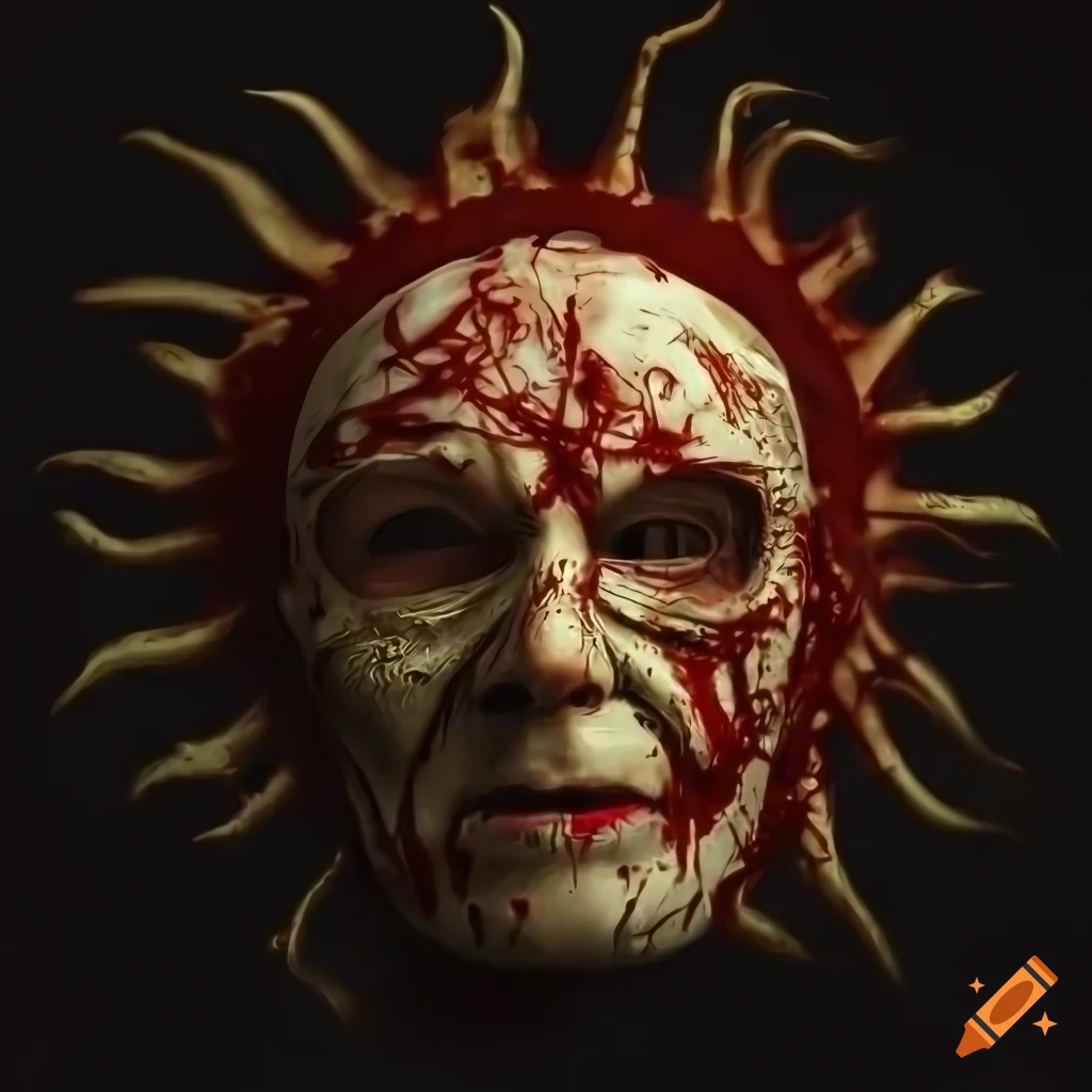 Decrepit old man wearing a gold sun mask covered in blood in a dark ...
