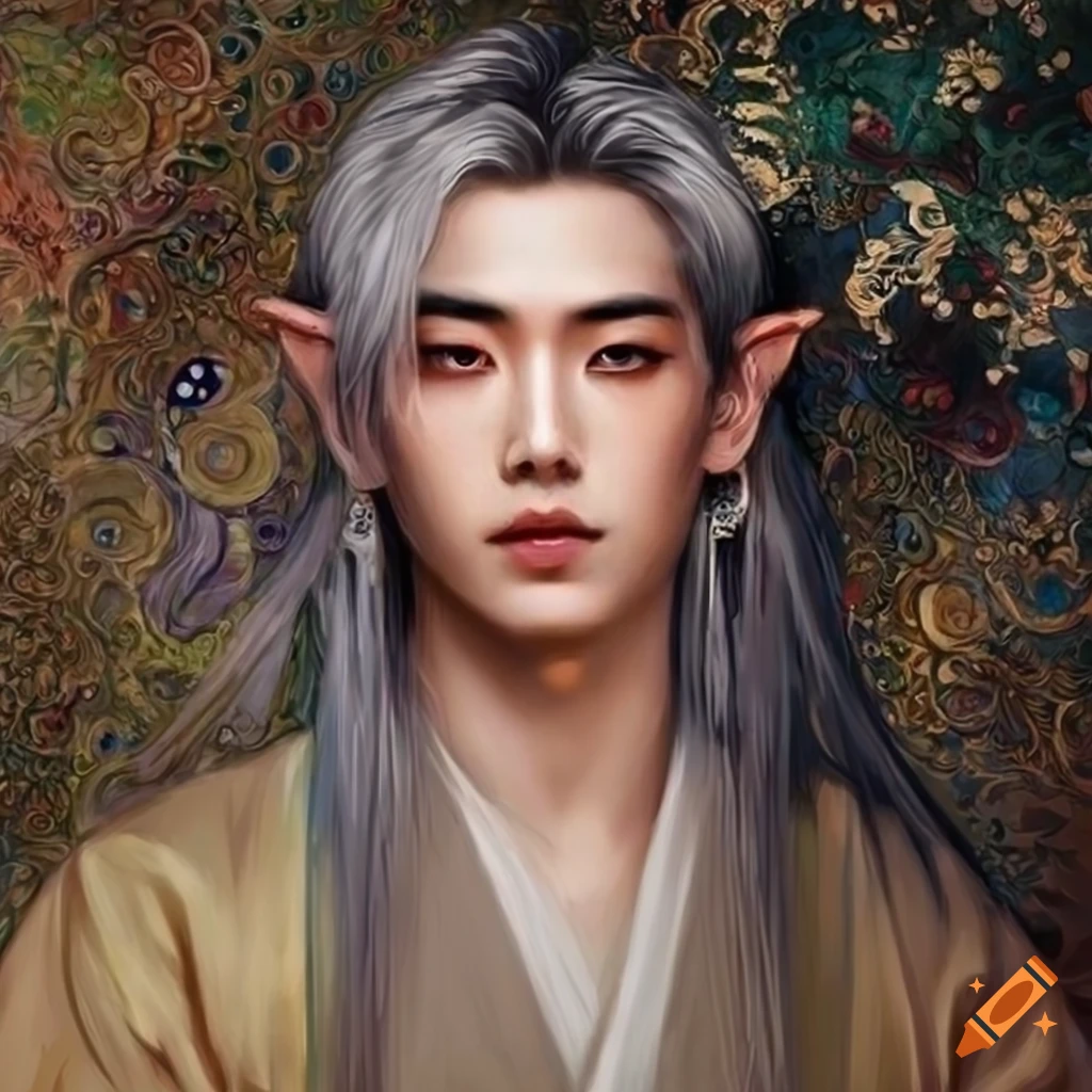 Gustav klimt inspired poster of a handsome young male elven asian ...