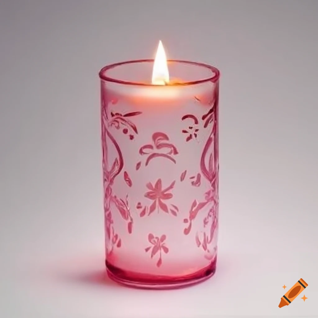 Fancy pink etched glass candle holder on white background on Craiyon