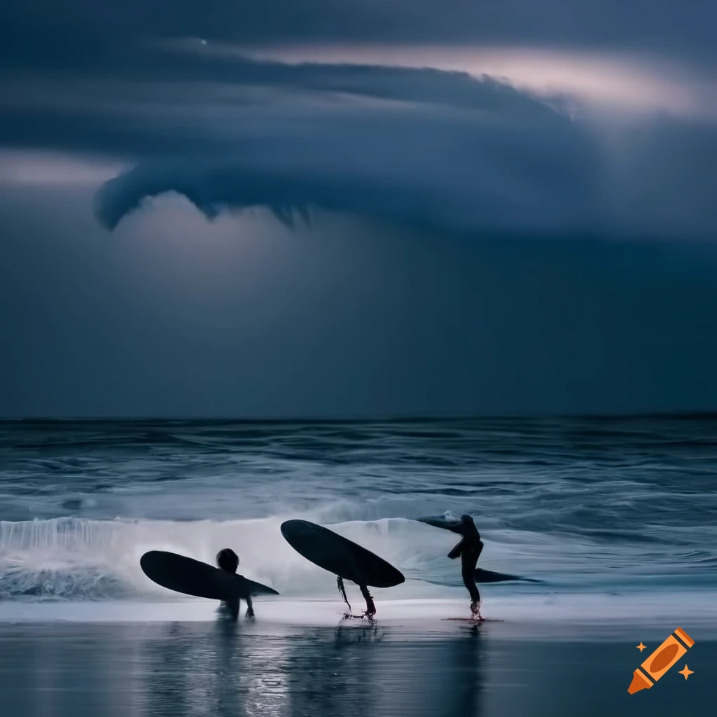 Surfers riding a wave under a dramatic stormy sky on Craiyon