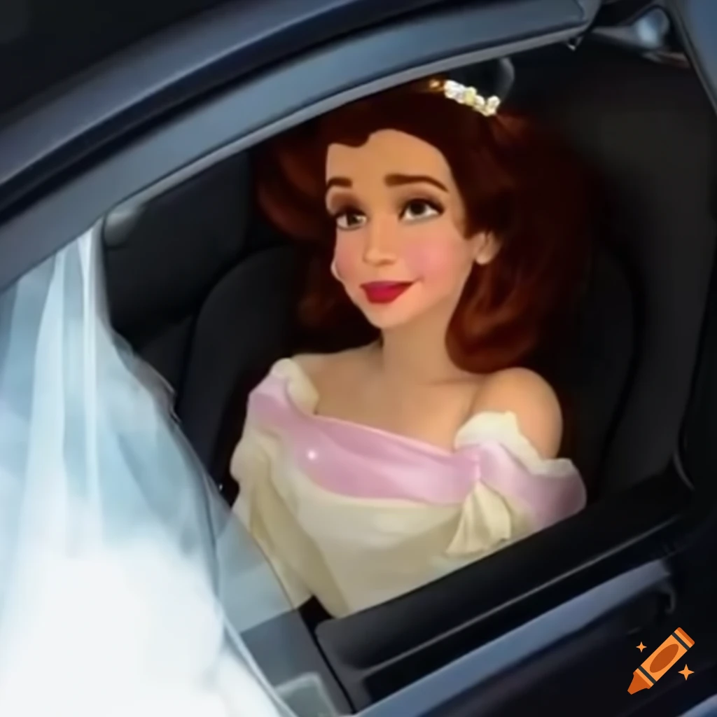 Person wearing princess belle cosplay in car interview meme on Craiyon
