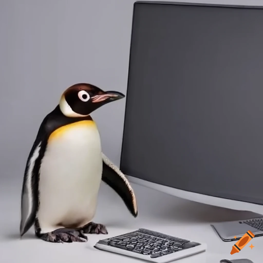 Serious penguin working at office with a computer on Craiyon