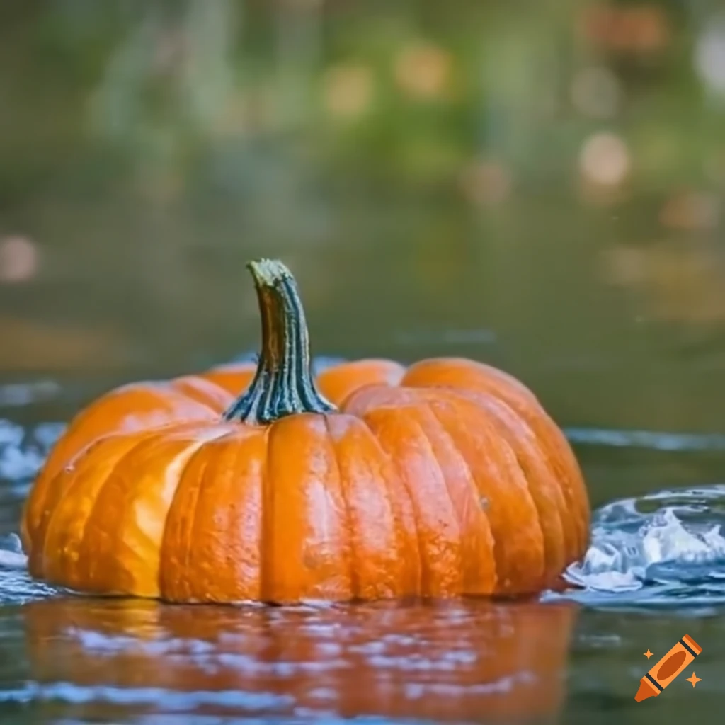Pumpkin floating in a river at sunset in realistic photography on Craiyon