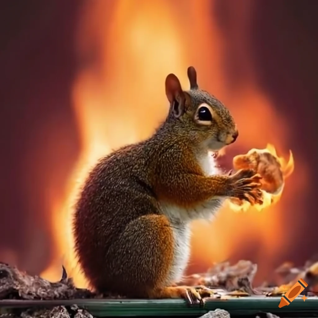 Pixelated squirrel warming paws on a dumpster fire on Craiyon
