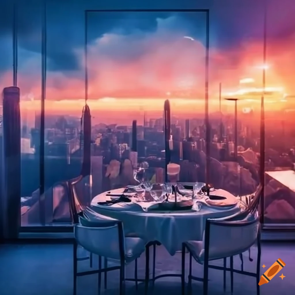 Restaurant in the sky with dinner tables for VIP guests surrounded by ...