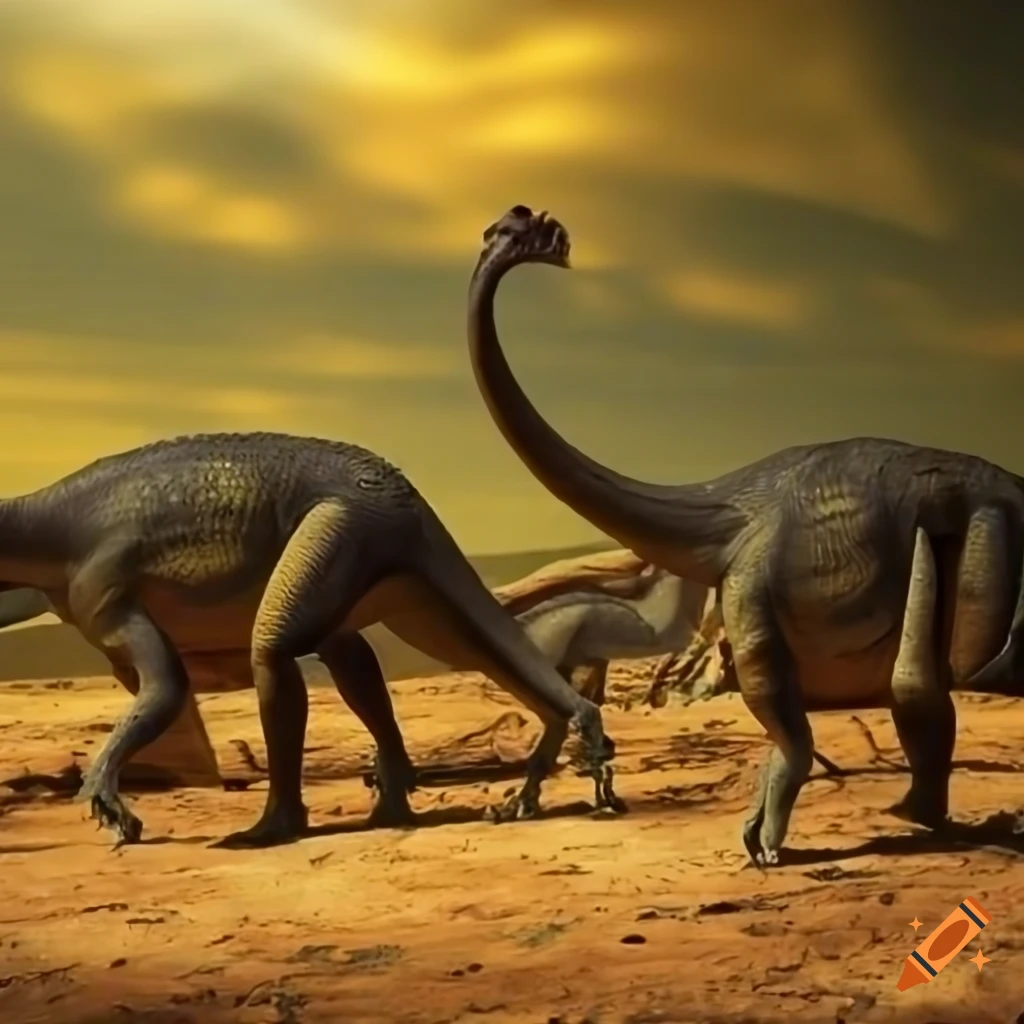 Plateosaurus herd in a triassic landscape with a coelophysis on Craiyon