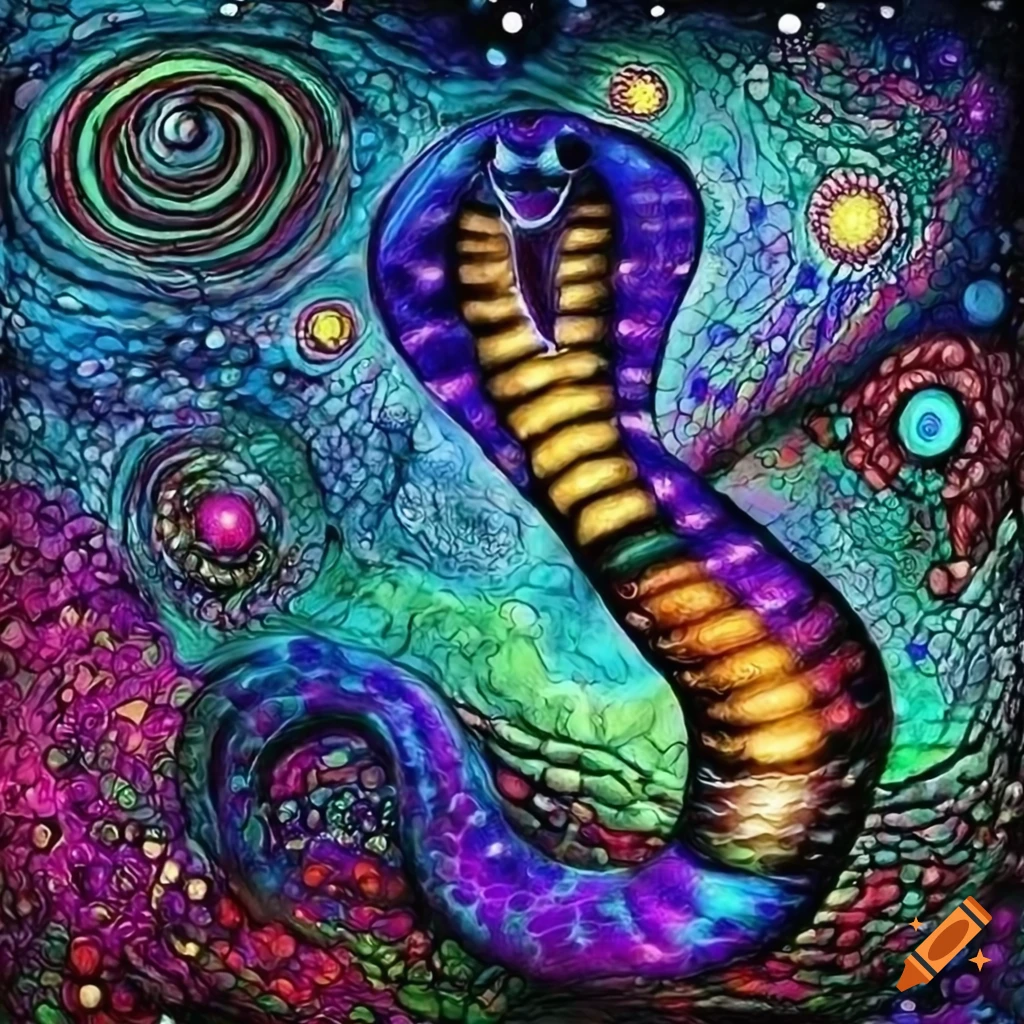 Surrealistic arborigen art with psychedelic cobra, cavern, rainbow, and ...
