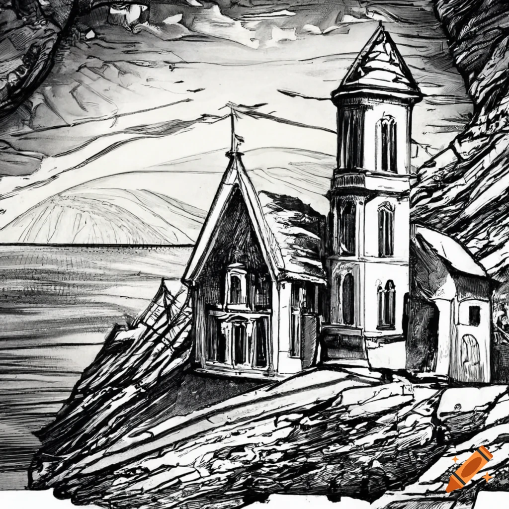 Black and white ink drawing of a Christian monastery on a cliff on an ...