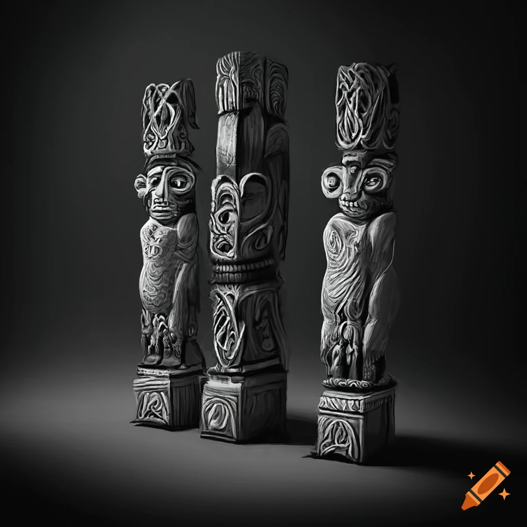 Celtic grayscale ancient totem pillars on Craiyon
