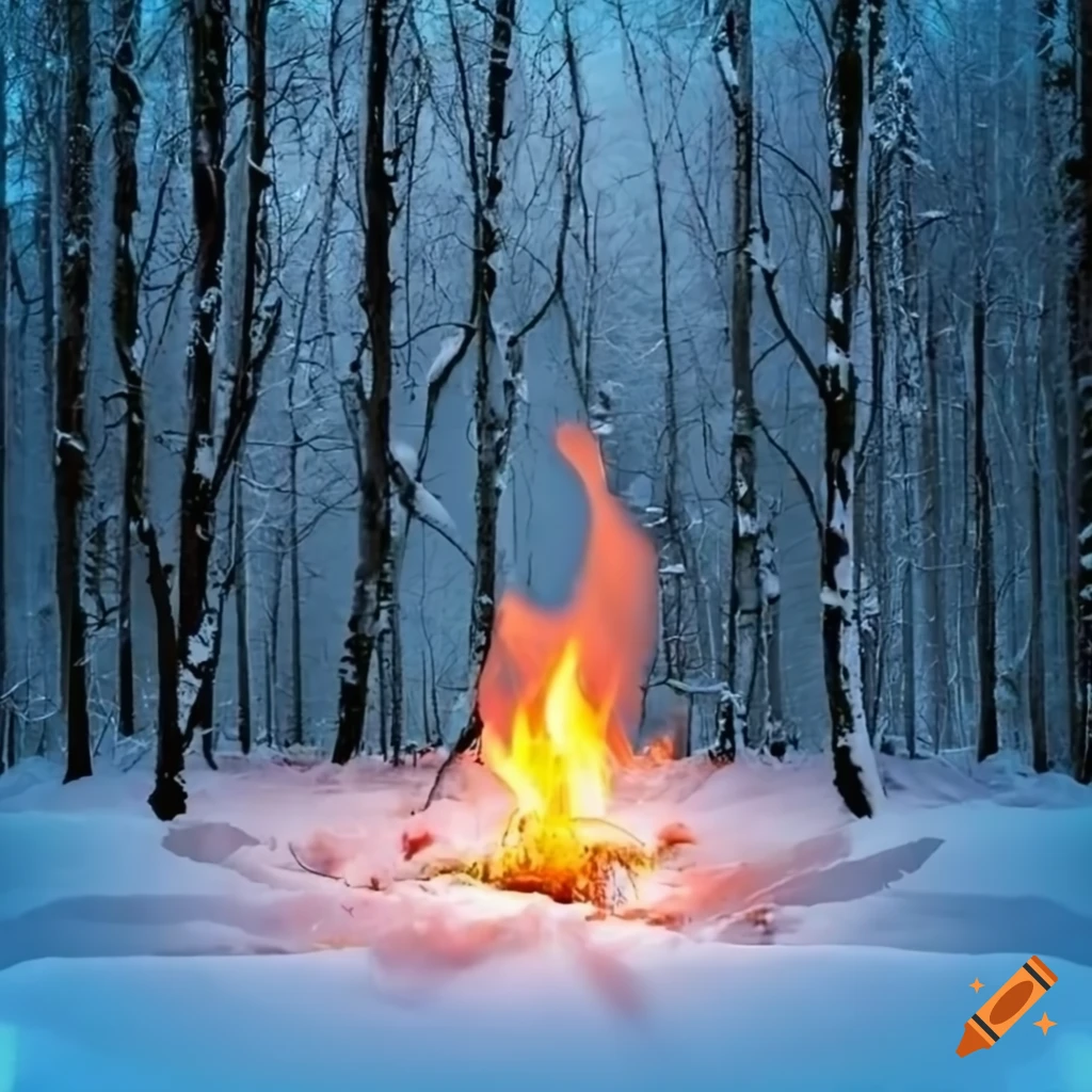 Winter forest with a central fire on Craiyon