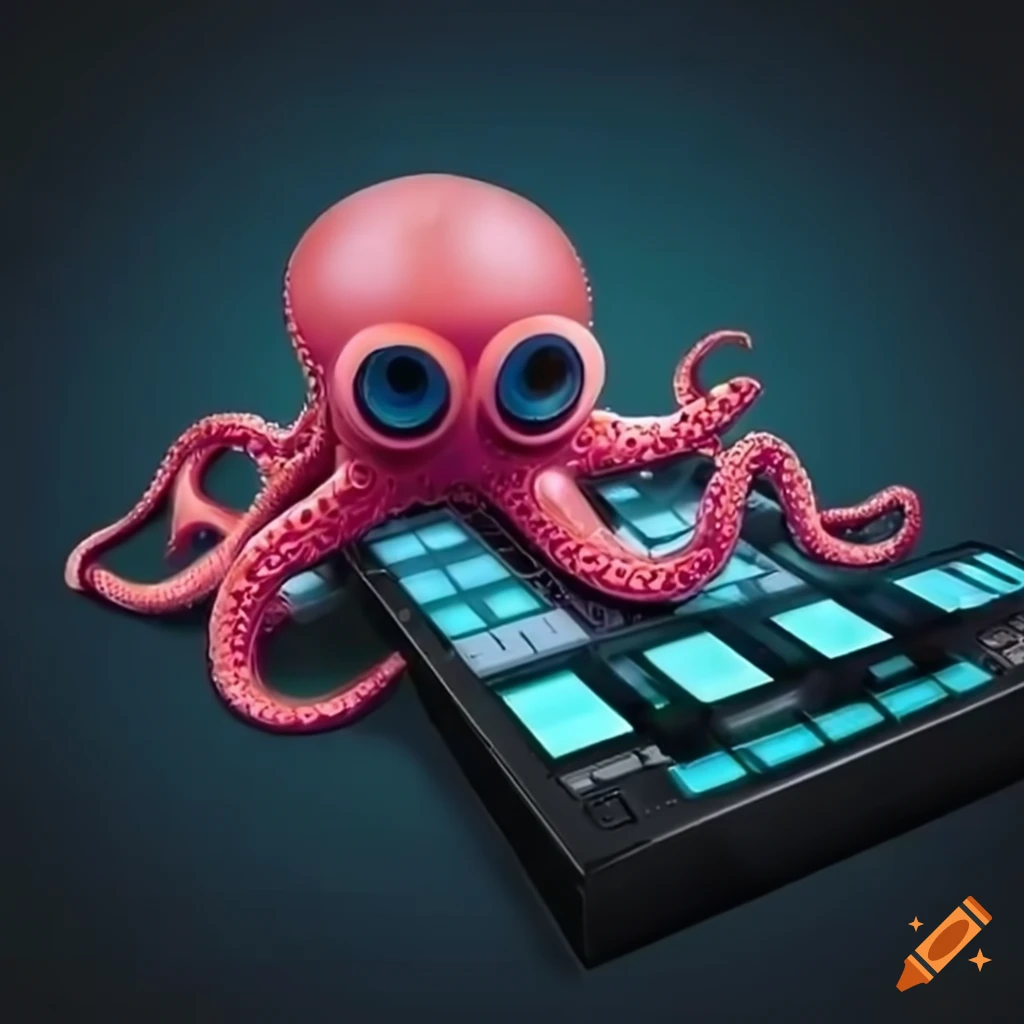 Octopus using a midi controller for djing on Craiyon