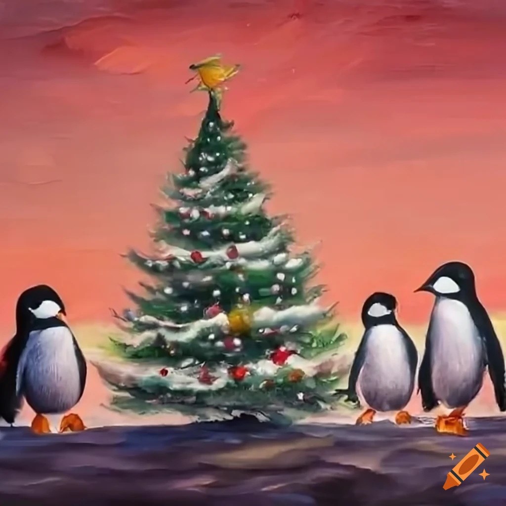 Festive penguins decorating a tree under a red sky on Craiyon
