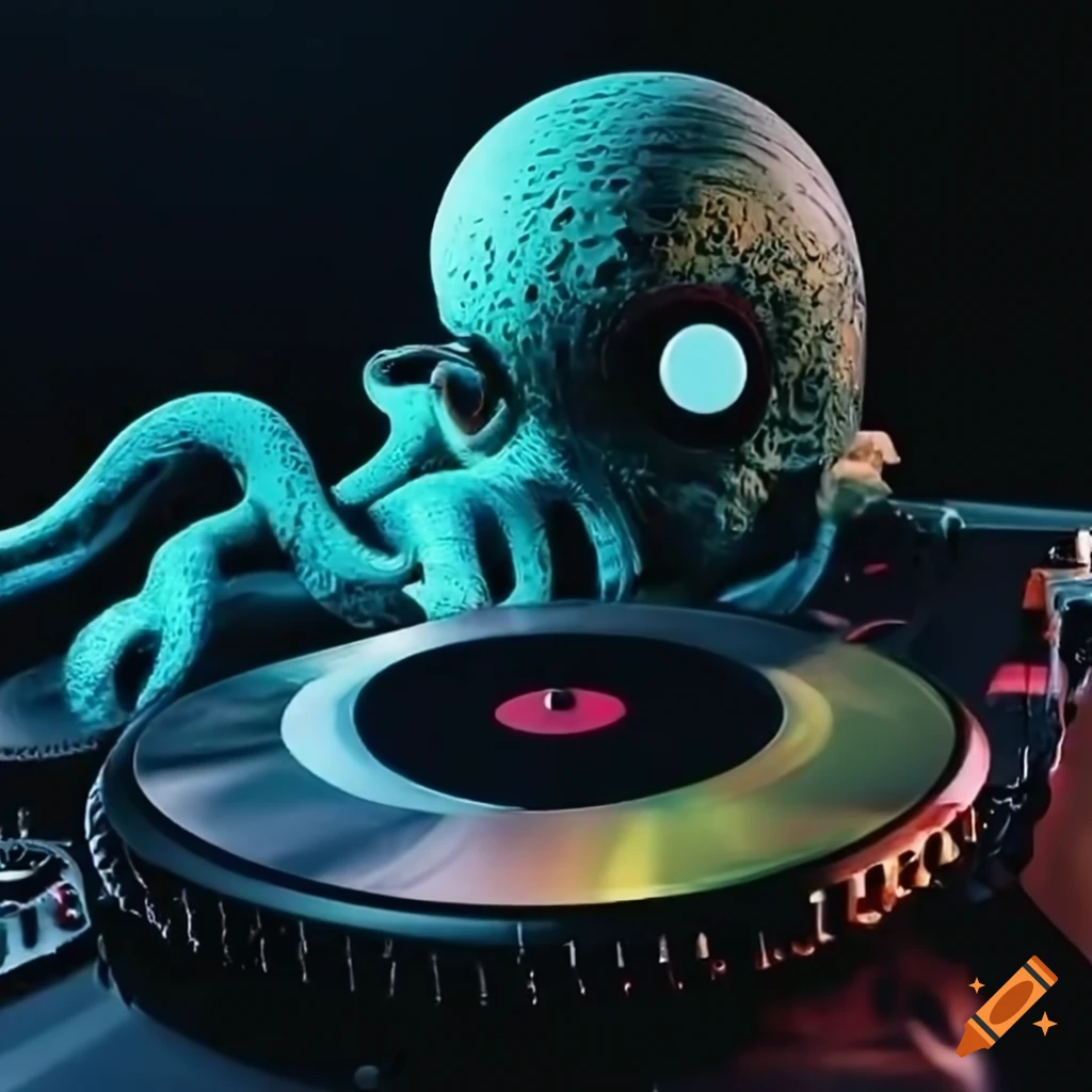 Octopus dj playing a turntable with special effects on Craiyon