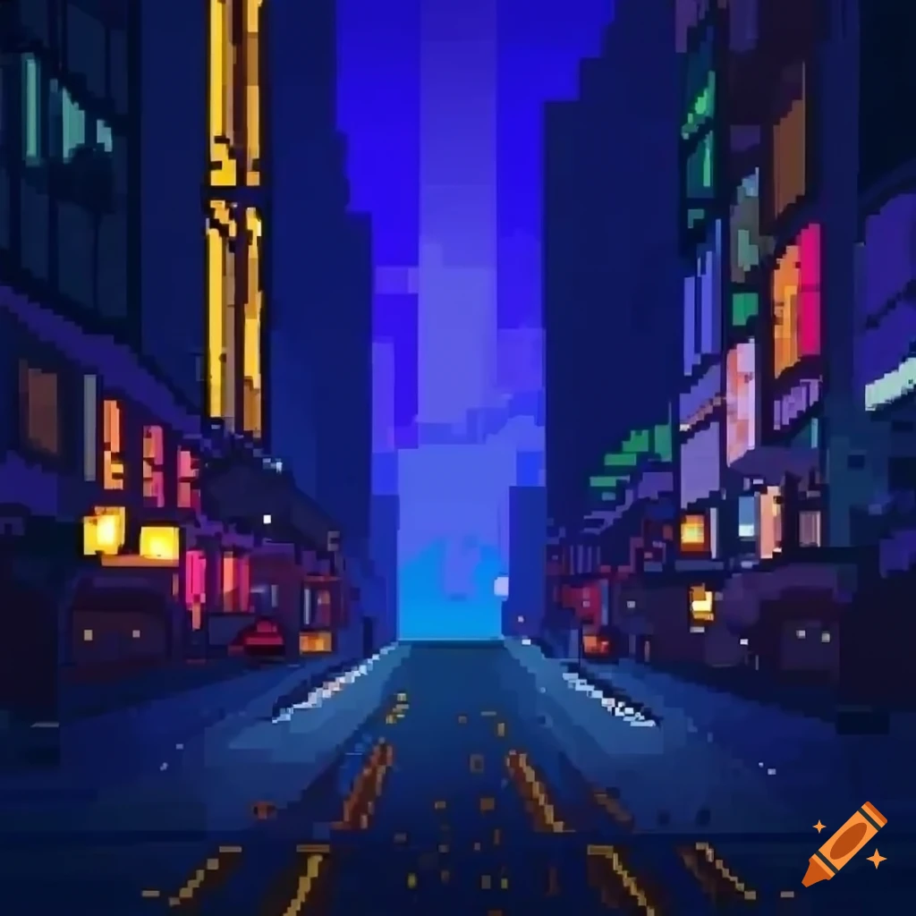 First-person view of city road at night in detailed pixel art on Craiyon