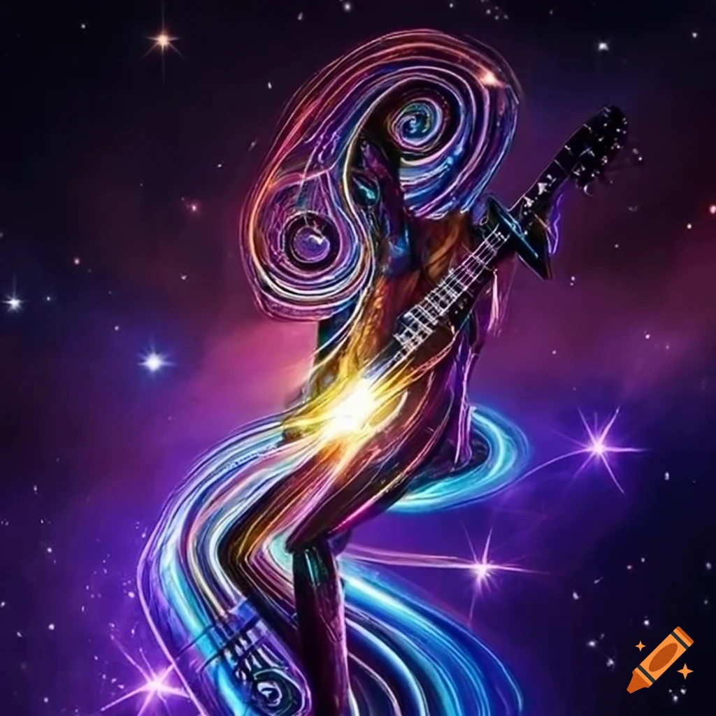 Cosmic sculpture of a guitarist made from swirls of light and stars on ...