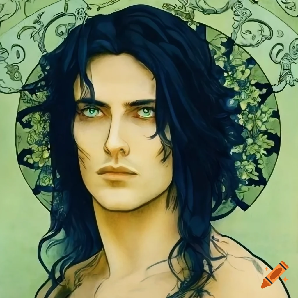 Poster of handsome male with long wavy black hair and green eyes in ...
