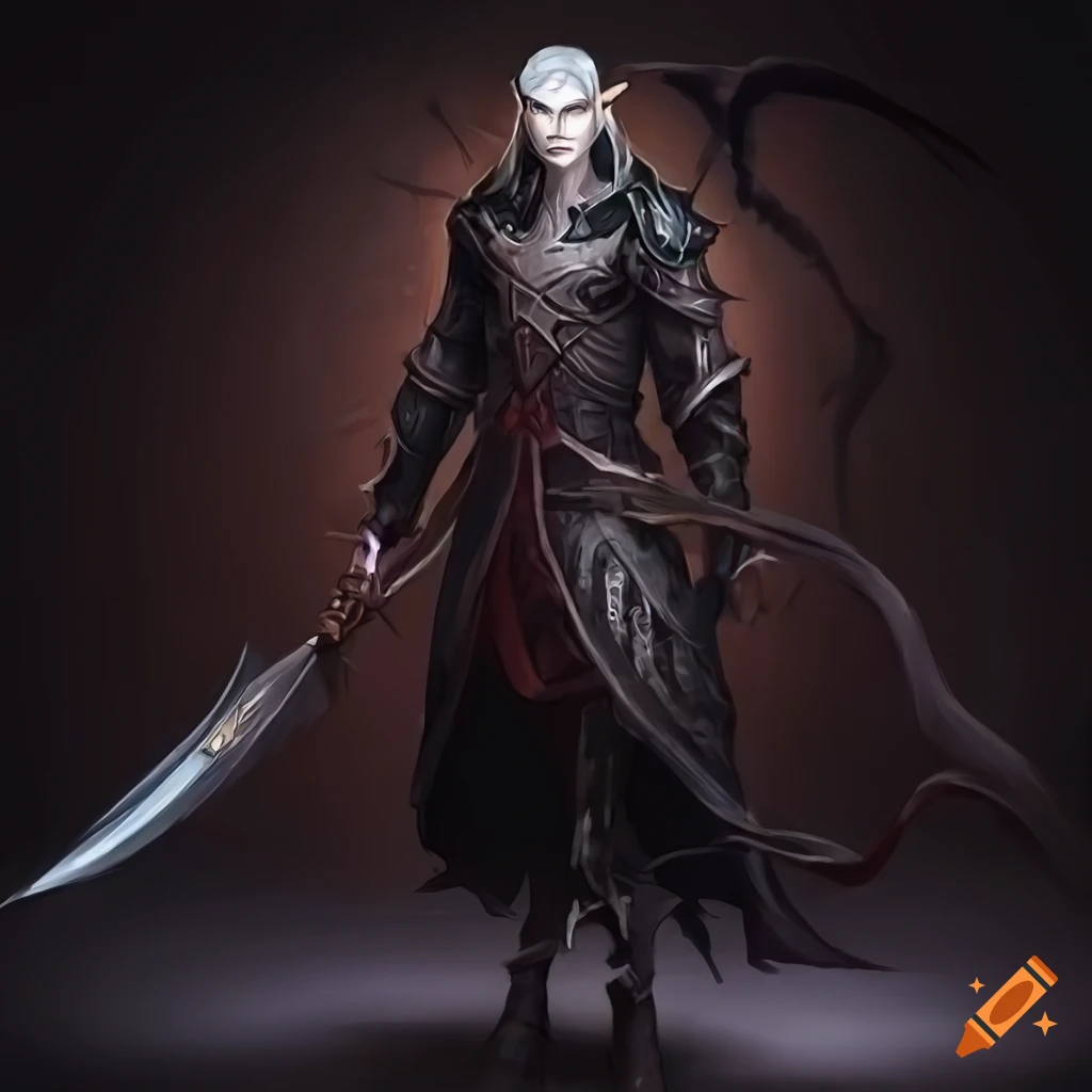 Elf warlock in dark attire with red eyes and black hair on Craiyon