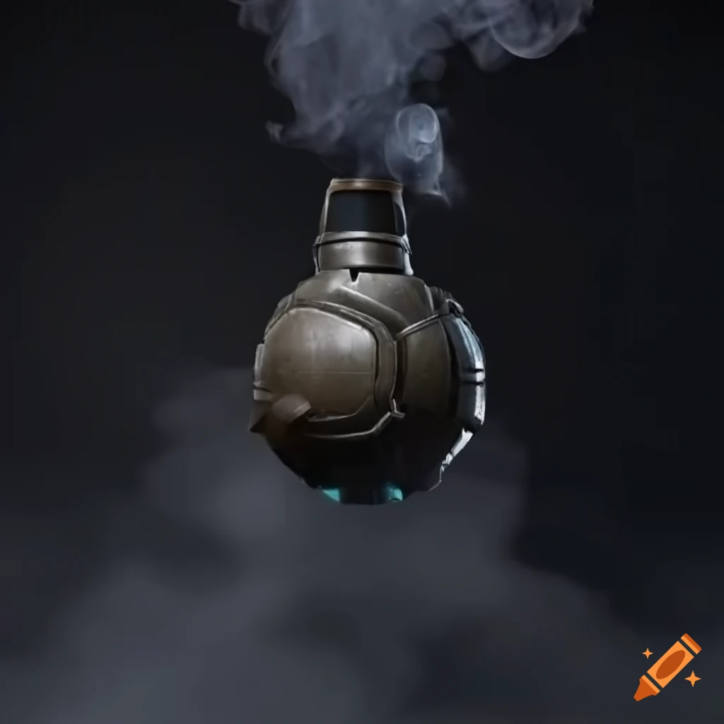 Sci-fi grenade bouncing with smoke on a grey background on Craiyon