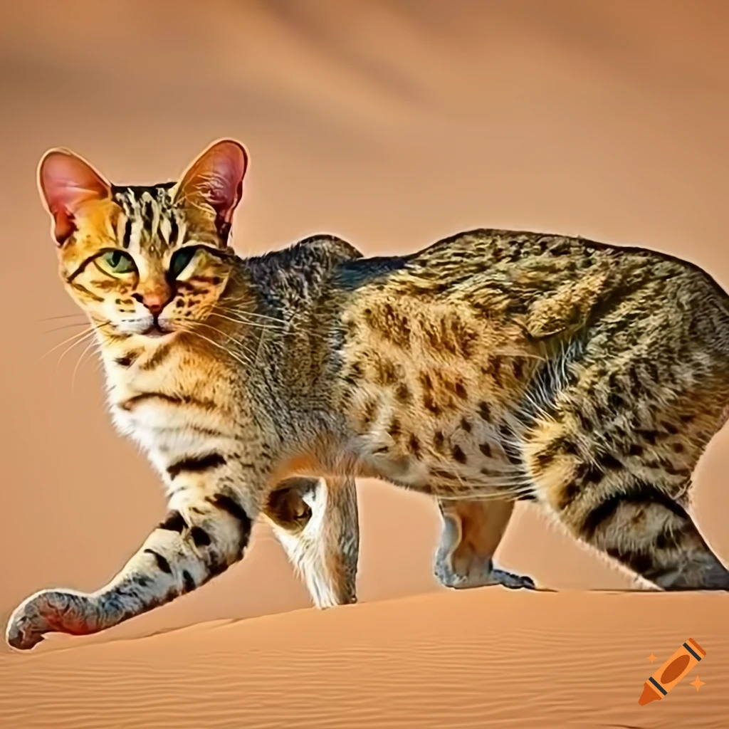 Spotted golden wild desert cat walking along the dunes on Craiyon