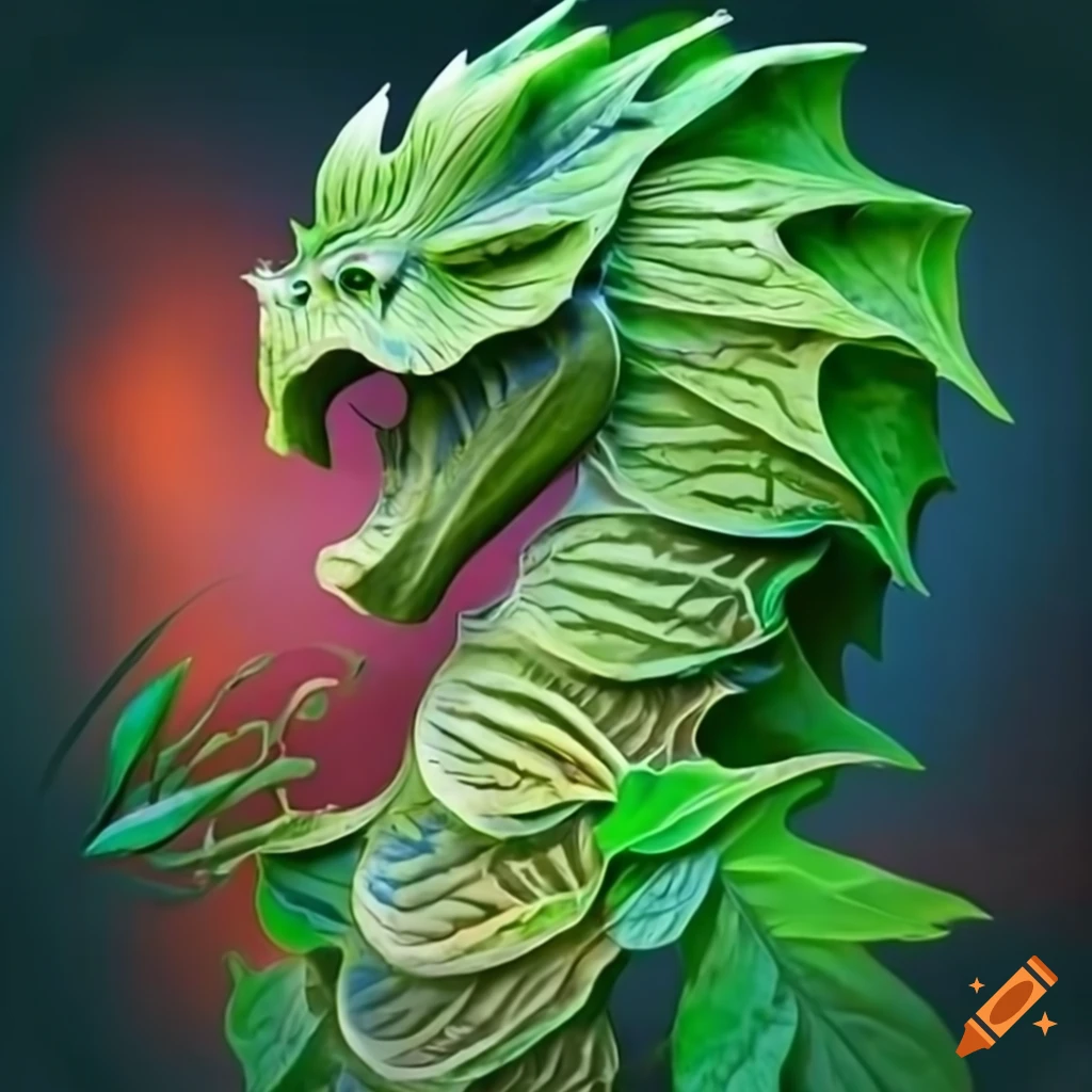 Mythical dragon made of plant leaves on Craiyon