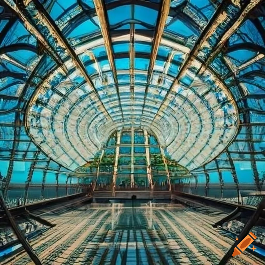 Interior of a large hall in a glass temple with infinite perspective on ...