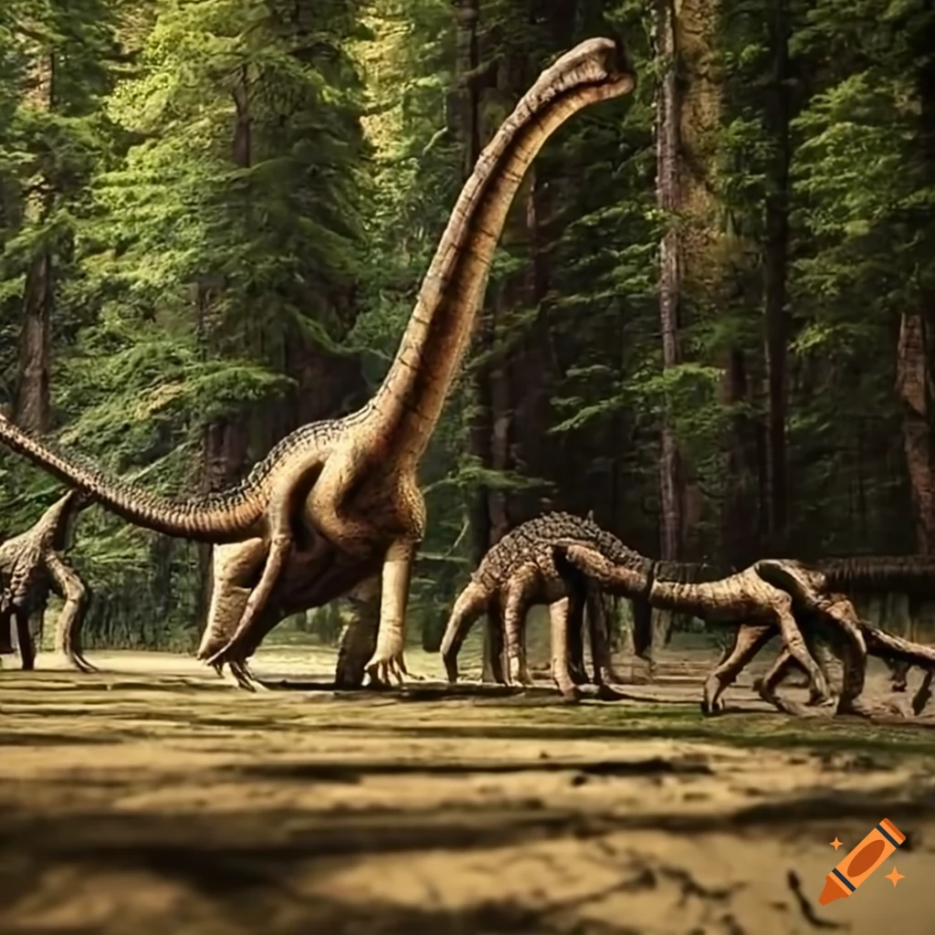 Front view of Diplodocus walking along a forested coastline in British ...