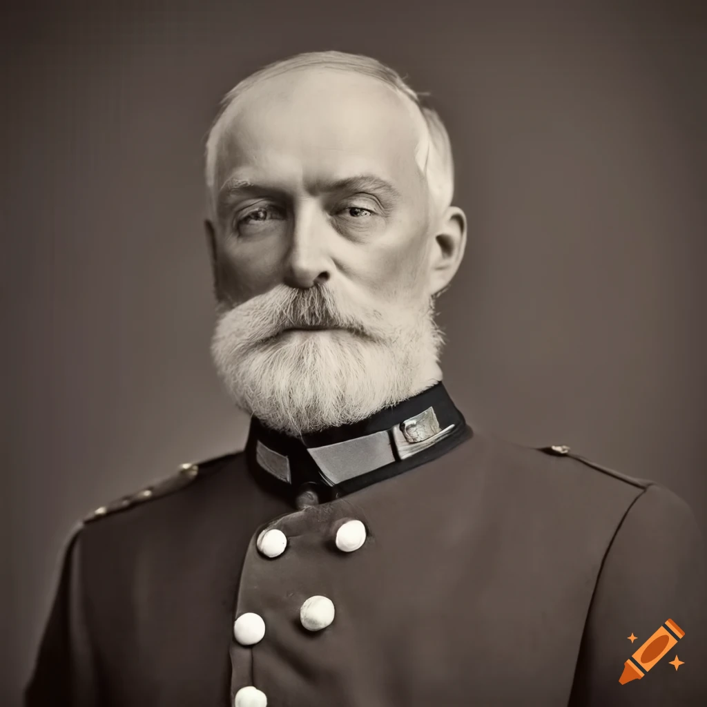 Close-up portrait of mature man in victorian officer uniform with white ...