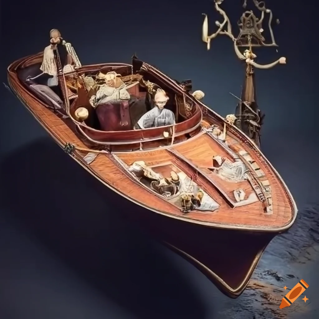 Diorama of a steampunk-style riva boat in the foreground ...