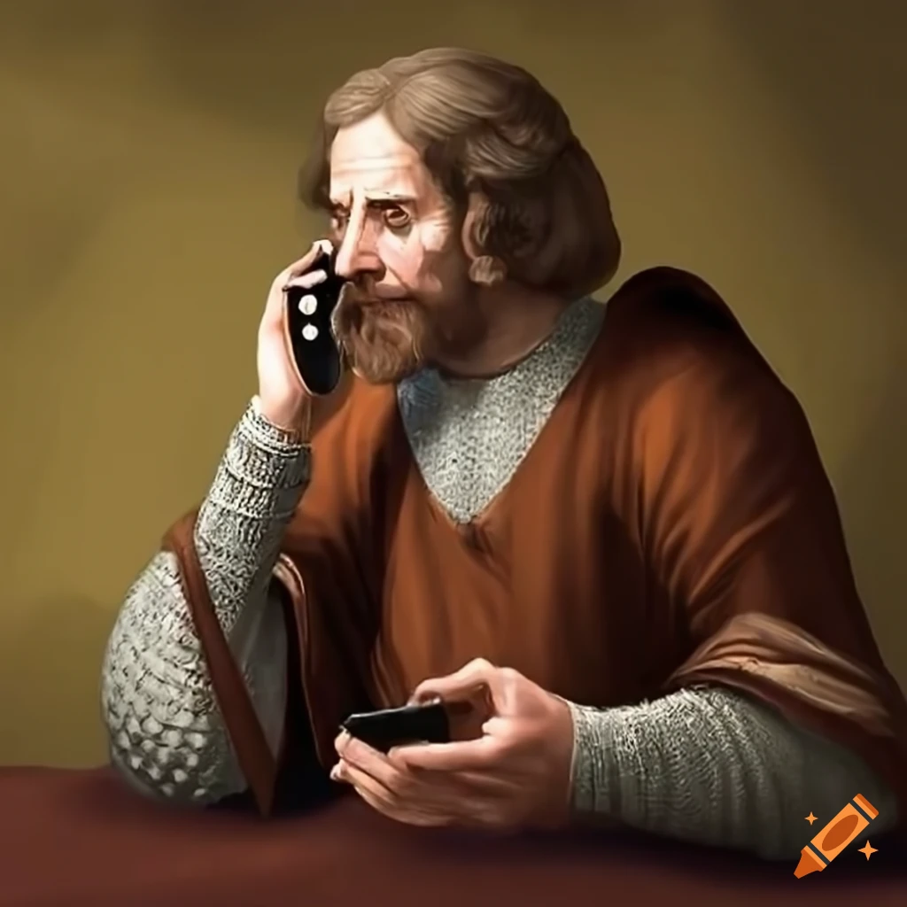 Medieval noble man using a smartphone on Craiyon
