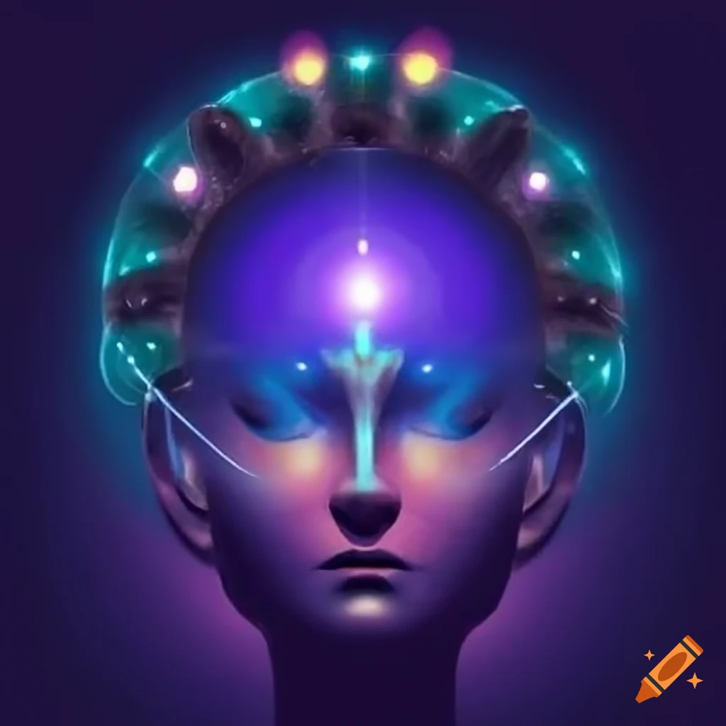 Wisdom head with shining circle on the forehead on Craiyon