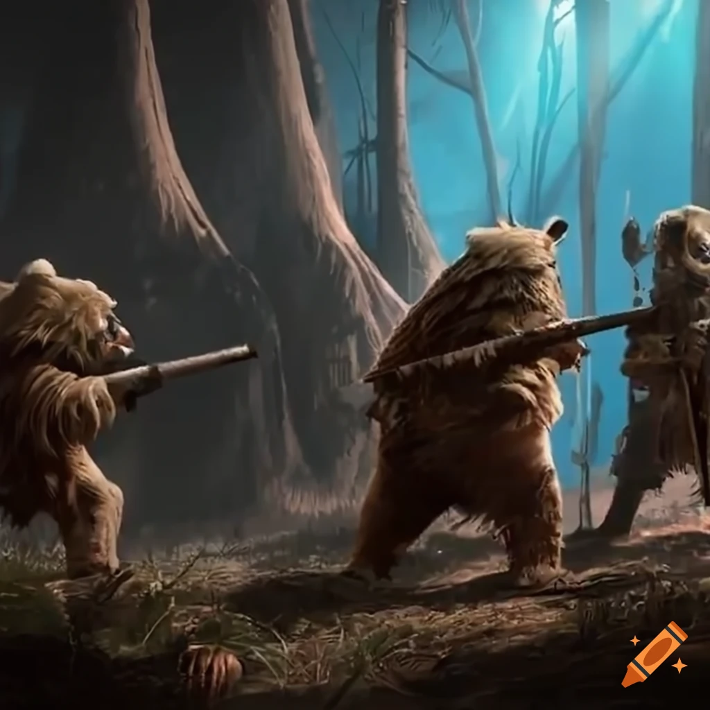 Ewok warriors in intense battle amid a blazing forest on Craiyon